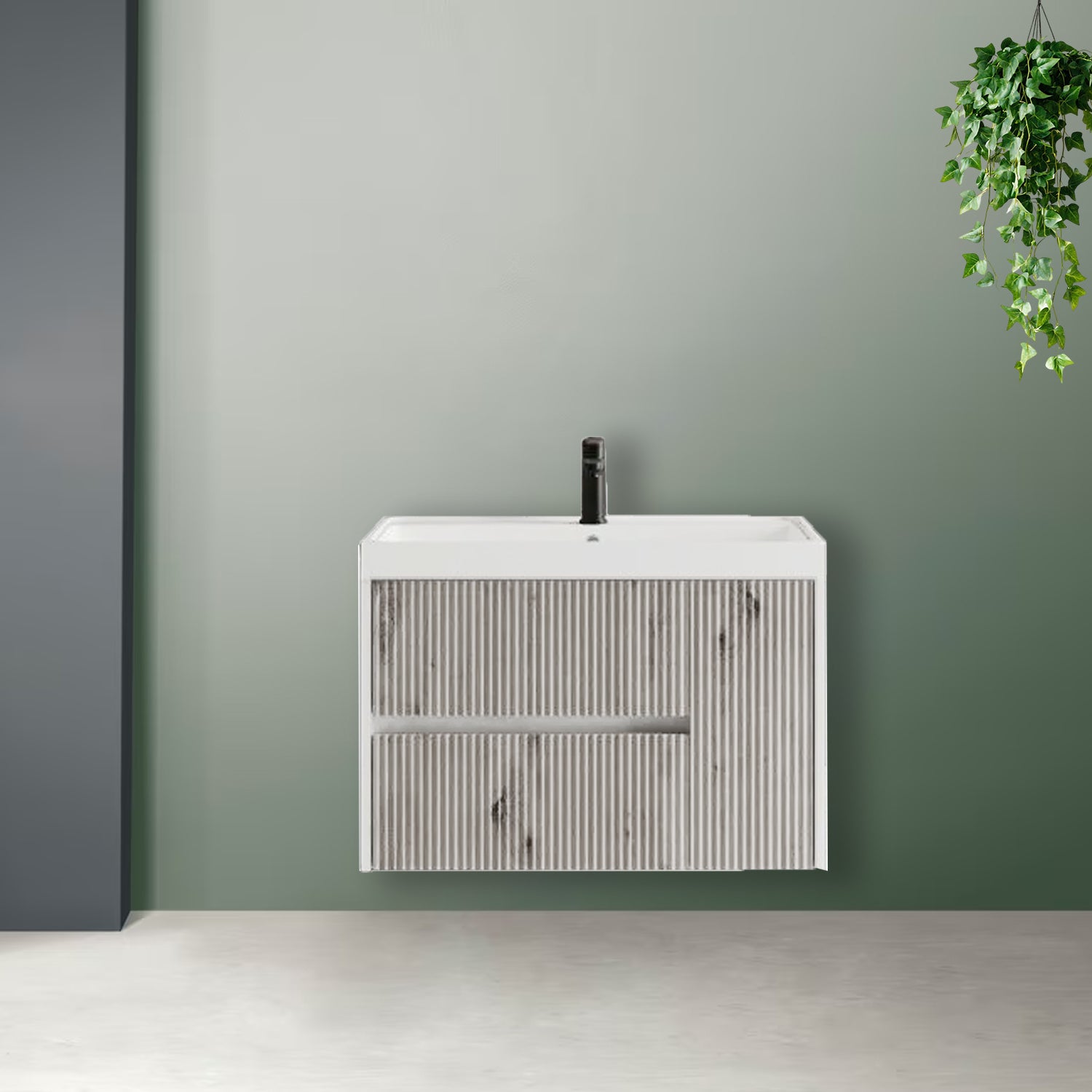 Wall-mounted ribbed bathroom cabinet with sink 100 cm antique gray col ...