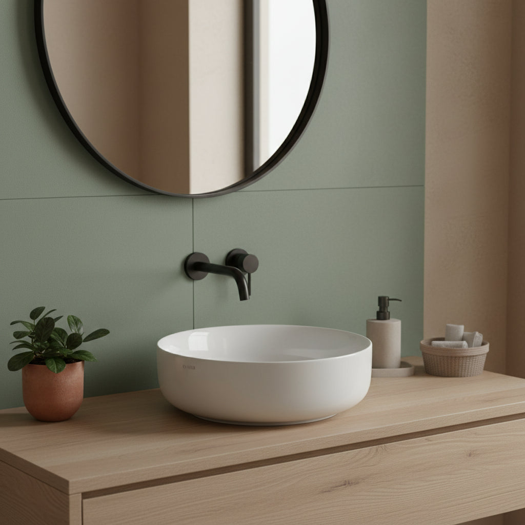 Round countertop sink Koi diam.42x14 cm Ceramic Globo - Glossy white ...