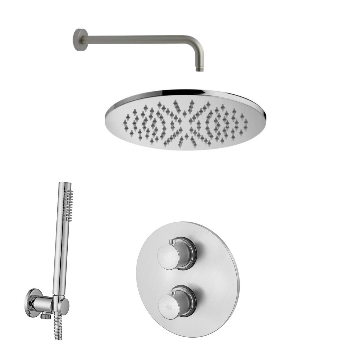 Showerhead set with round arm and thermostatic mixer with Satin Duplex ...