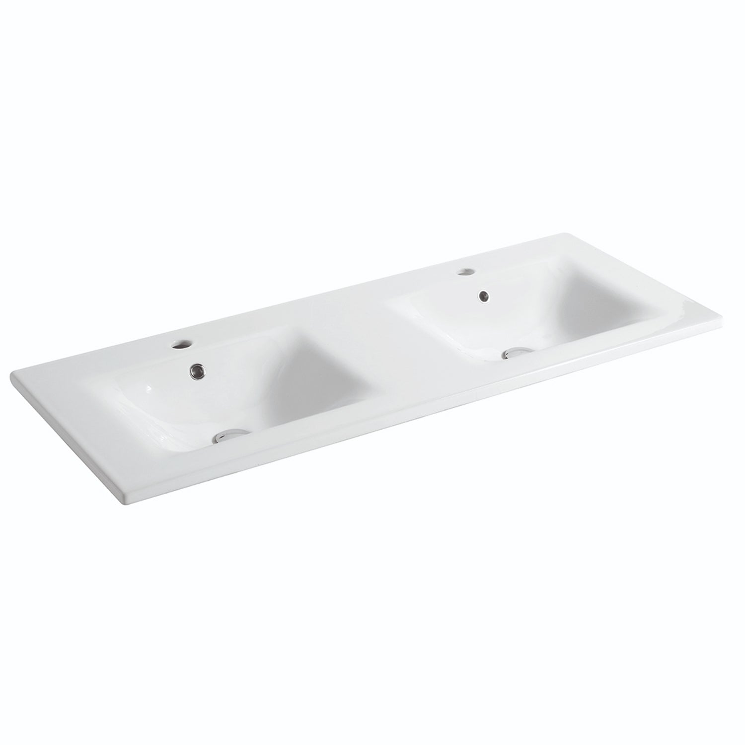 Double semi-recessed washbasin console with overflow and faucet holes ...