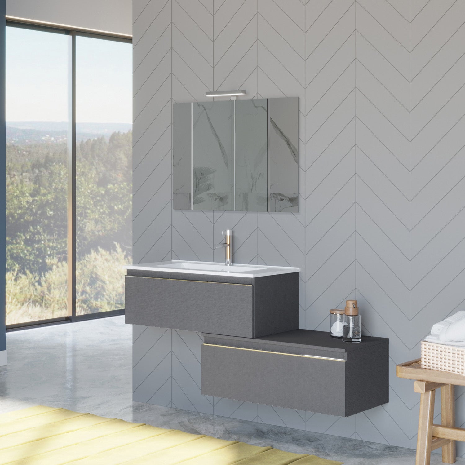 Composition suspendue Shanti base avec lavabo, miroir et led 60cm lin ...