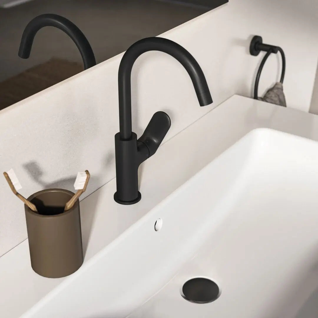 Miscelatore Lavabo nero seta a bocca alta e canna girevole con piletta ...